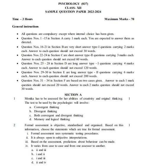 CBSE Class 12 Psychology Question Paper 2024 PDF Download